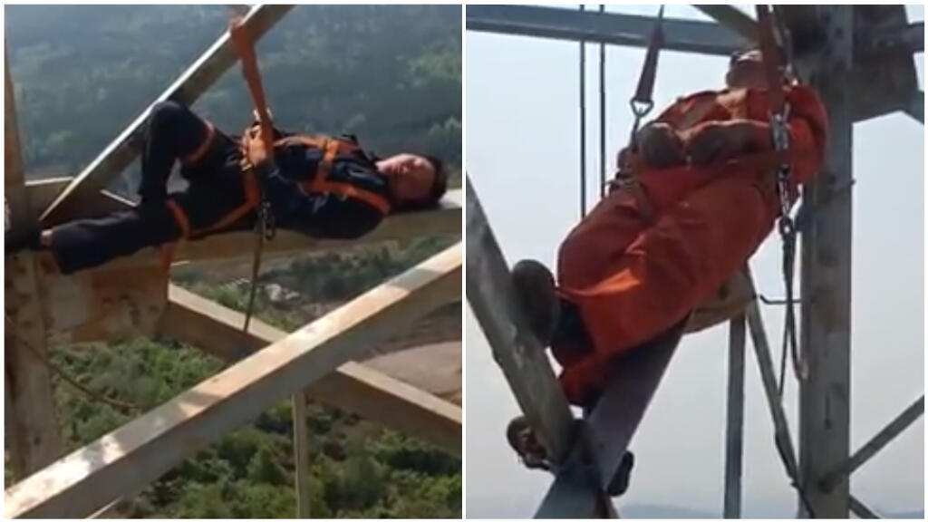 Chinese workers take naps on top of 50-metre electrical tower